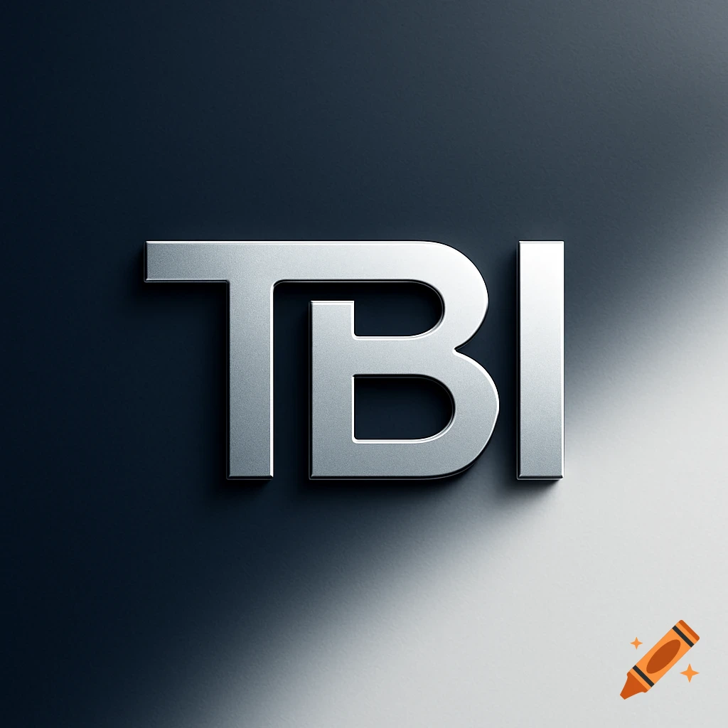 A metallic silver 3D logo with the letters TBI on a dark gray gradient ...