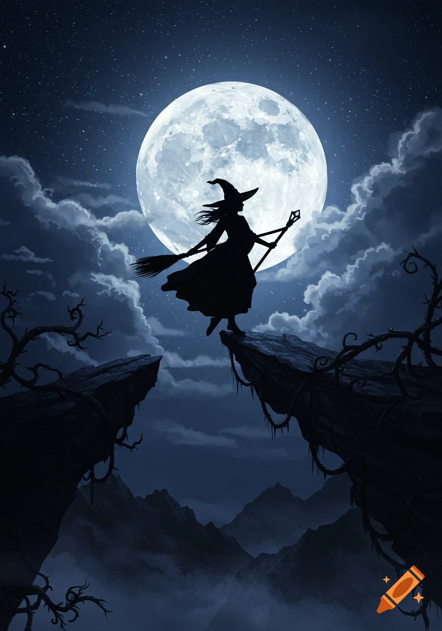 Silhouette of a woman with antlers weaving a spiderweb under a large ...