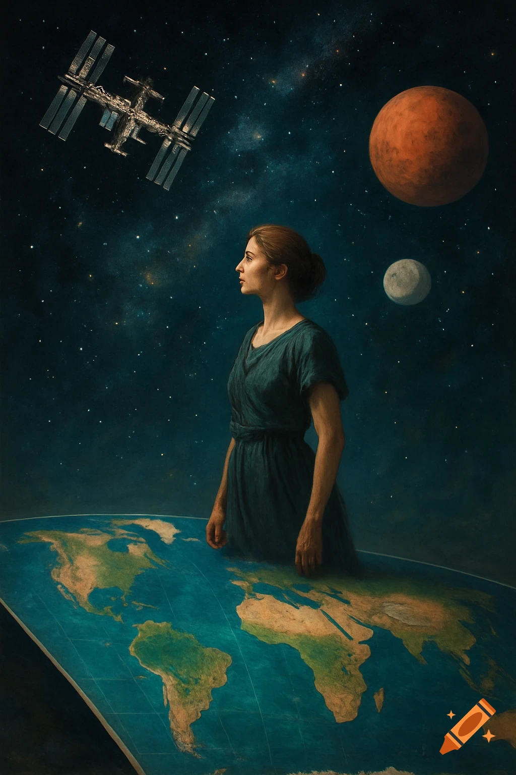 A woman stands on a flat map of Earth, looking up at the International ...
