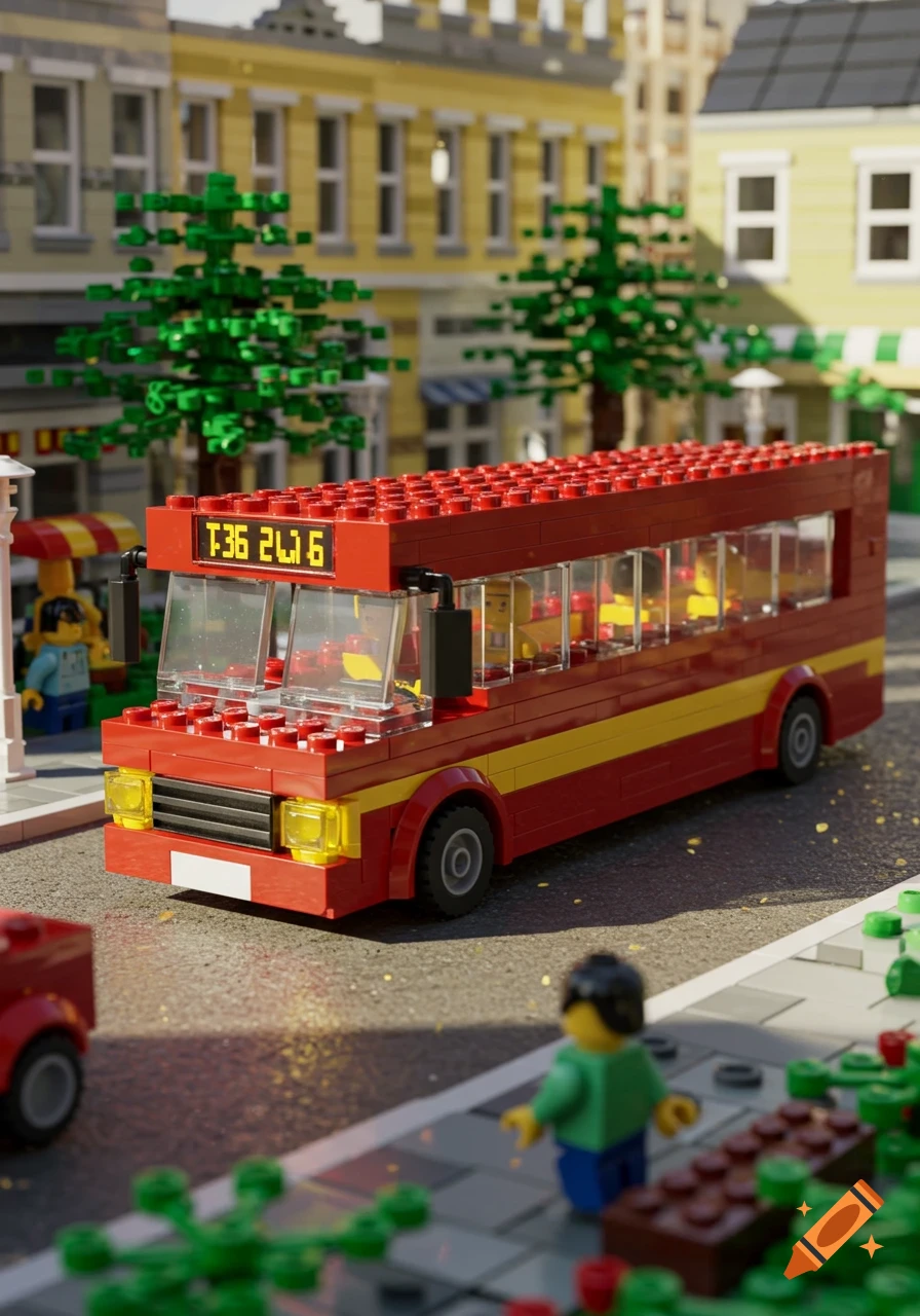A red and yellow Lego bus on a city street, with Lego buildings and ...