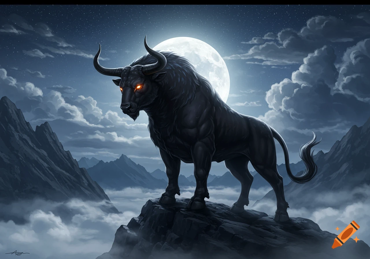 A majestic black bull with glowing orange eyes stands on a mountain ...