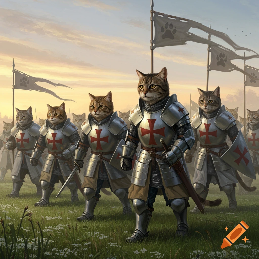 Photorealistic image of medieval cat knights in full armor marching ...