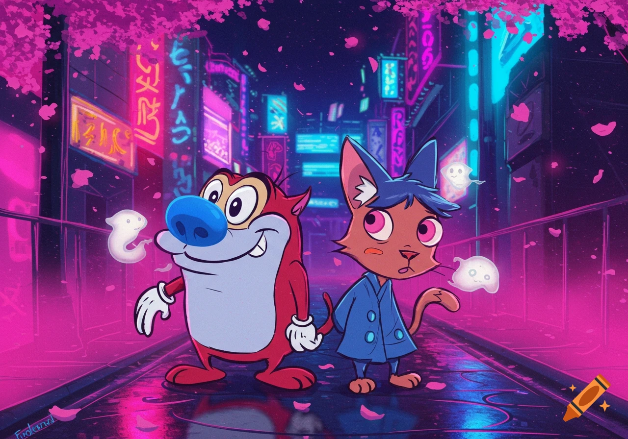 Two cartoon characters, a red dog-like figure and a brown cat in a blue ...