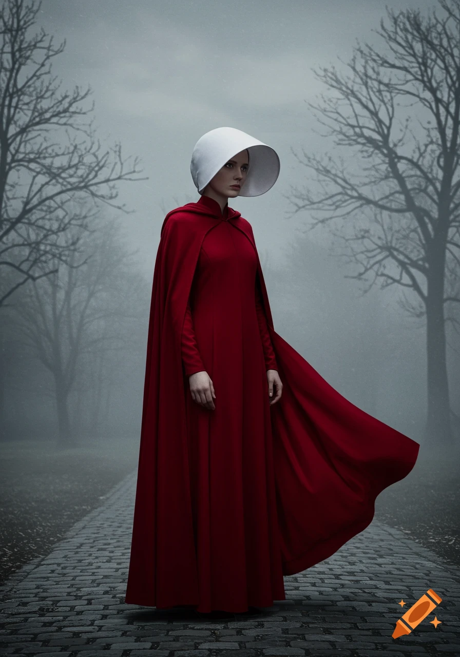 A woman in a red Handmaid's dress and white bonnet stands on a cobbled ...