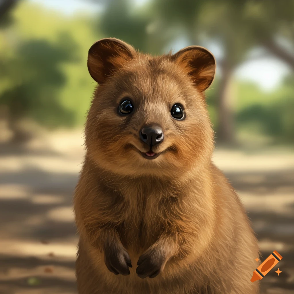 A cute, photorealistic quokka smiles with big black eyes, standing ...