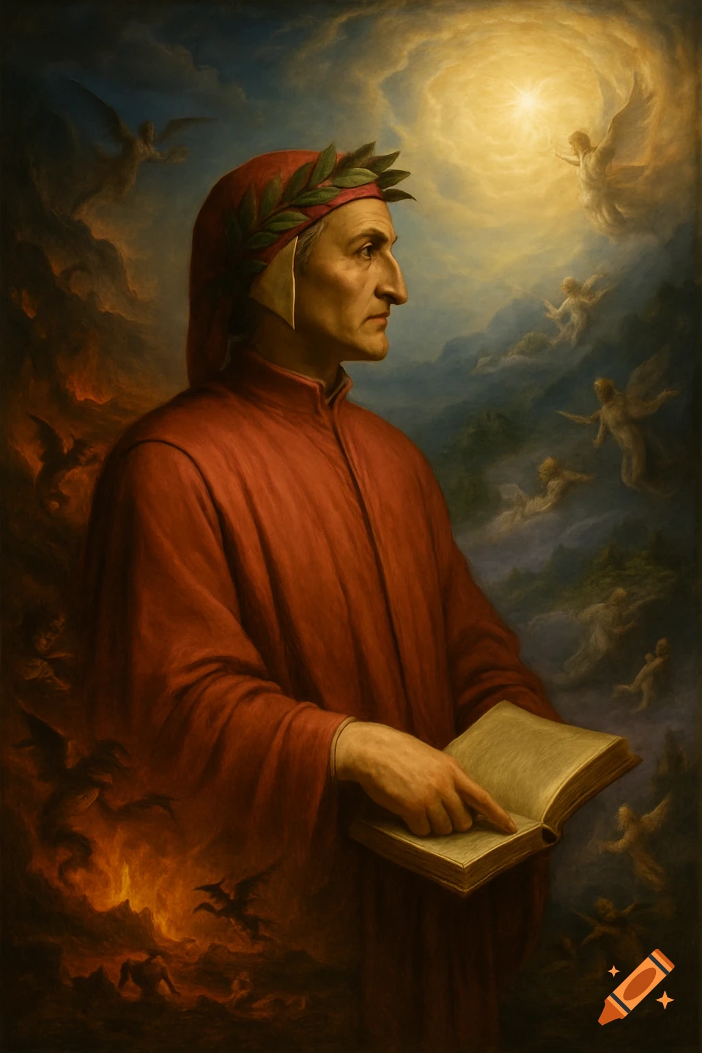 A portrait of Dante Alighieri in a red robe and laurel wreath, holding ...