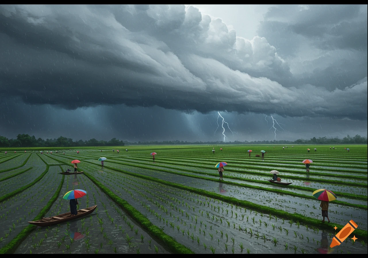 A sweeping view of a storm over vibrant green rice fields, with dark ...