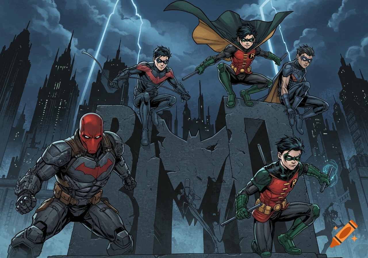 Batman and Robin stand against a full moon and city skyline in a comic ...