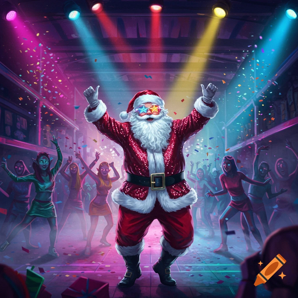 A muscular Santa Claus in a red tank top and pants throws a discus in a ...