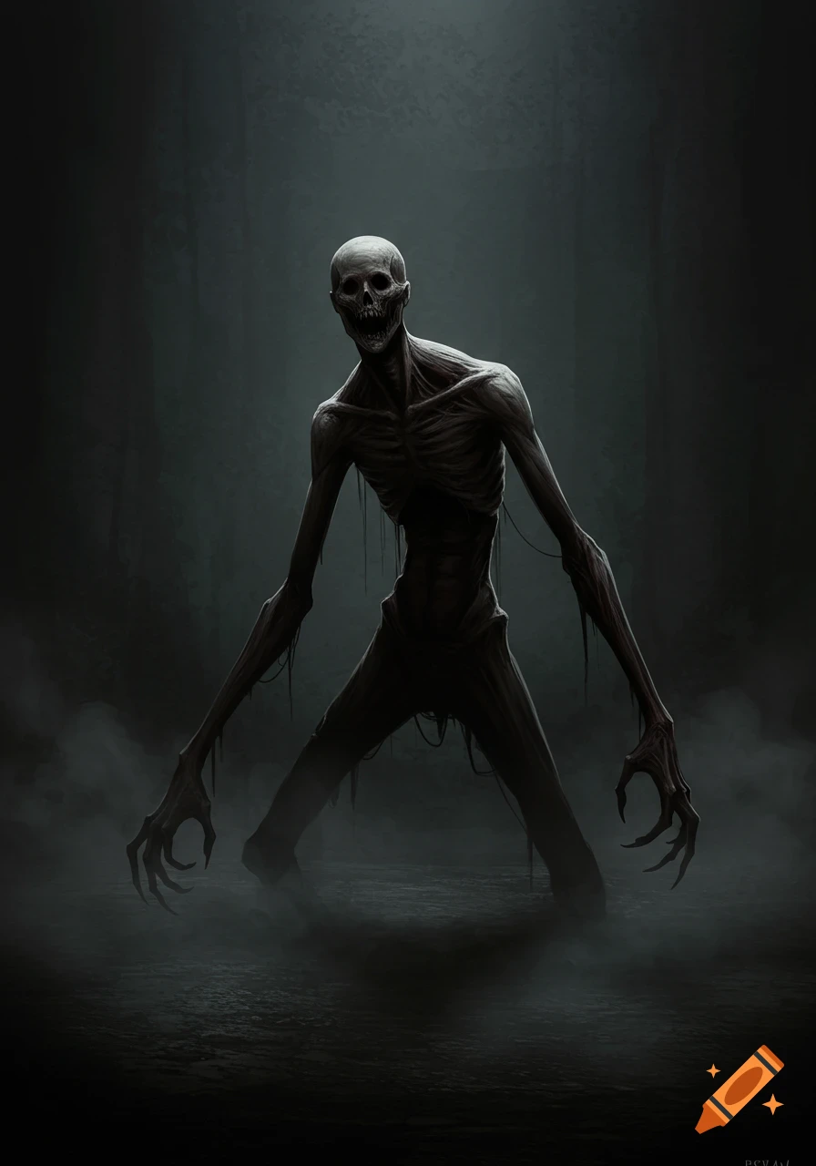 A gaunt, skeletal monster with long limbs, empty eye sockets, and a ...