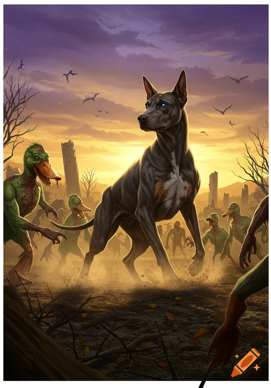 A large dark grey dog with glowing blue eyes faces green mutant duck ...