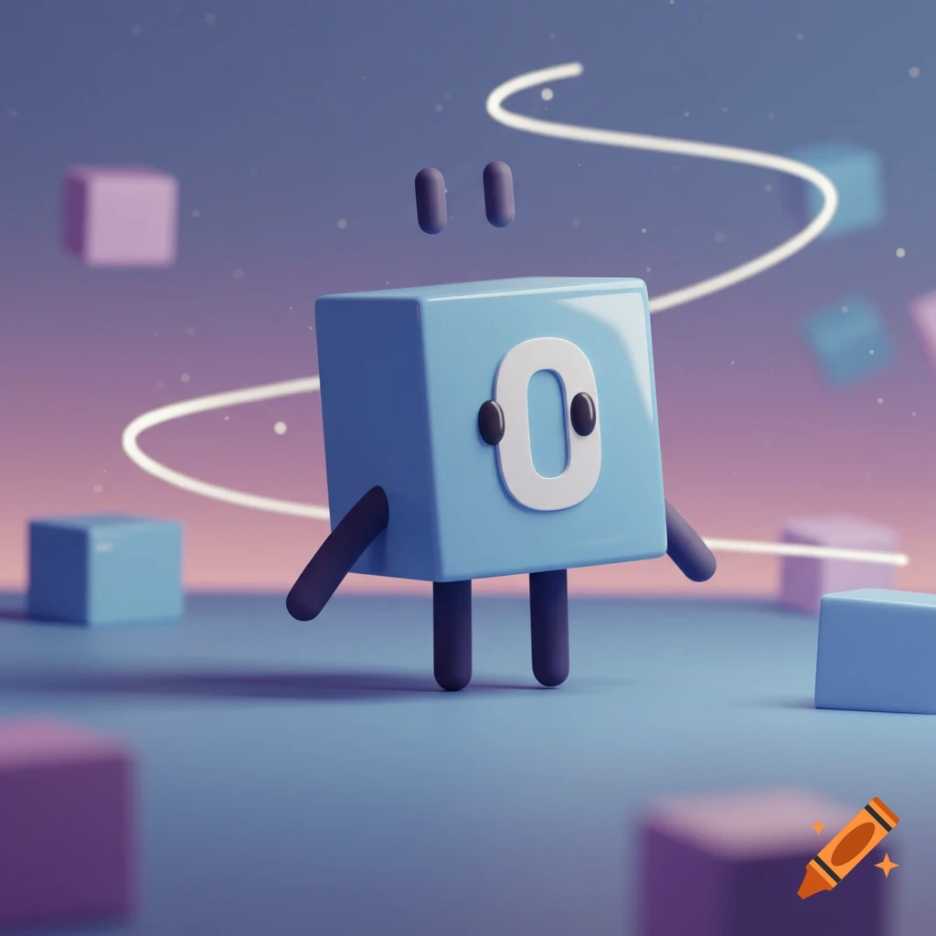 A cute 3D render of a light blue cube character with the number zero on ...