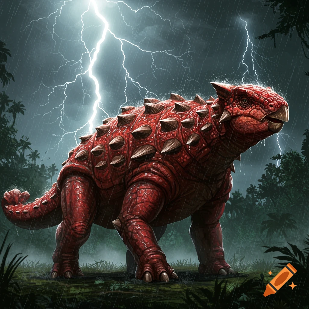 A vibrant red ankylosaurus stands in a jungle during a thunderstorm ...