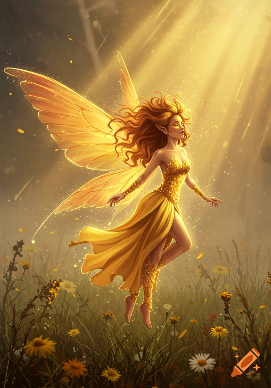 A vibrant illustration of a blue-haired fairy with a leaf dress and insect wings, floating in a ...
