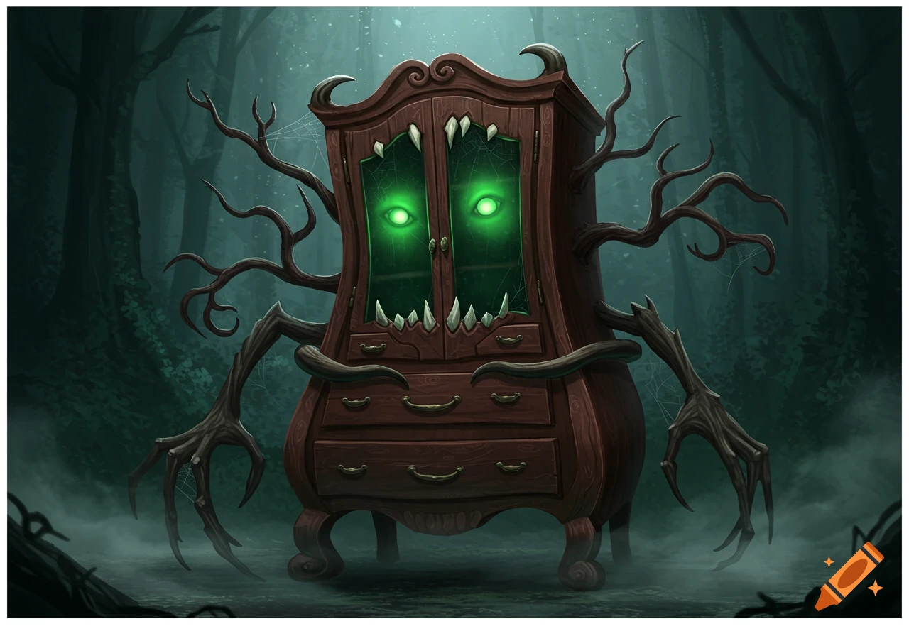 A spooky, anthropomorphic wooden dresser monster with glowing green ...