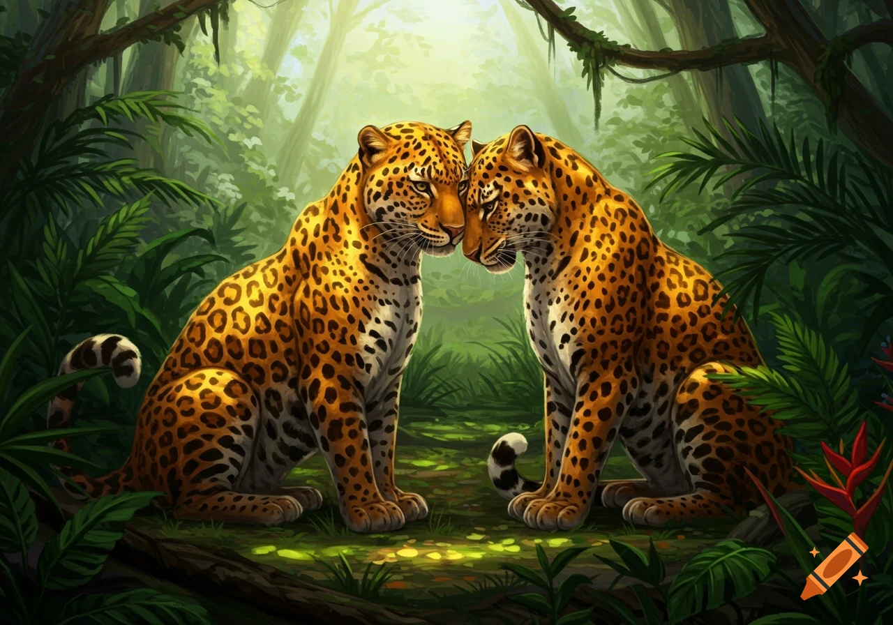Two stylized leopards with golden, spotted fur touch noses in a lush ...