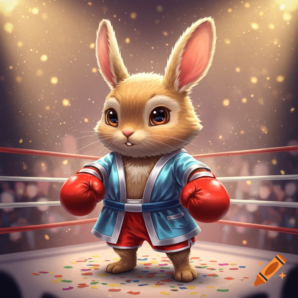 Cute cartoon rabbit in a blue boxing robe and red boxing gloves ...