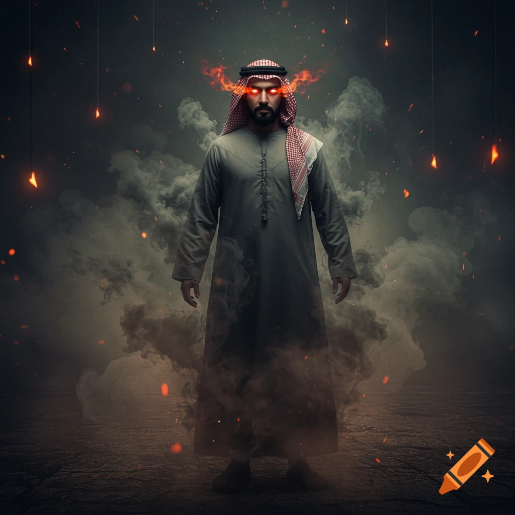 A powerful Arab man with glowing red eyes and fire on his head stands ...