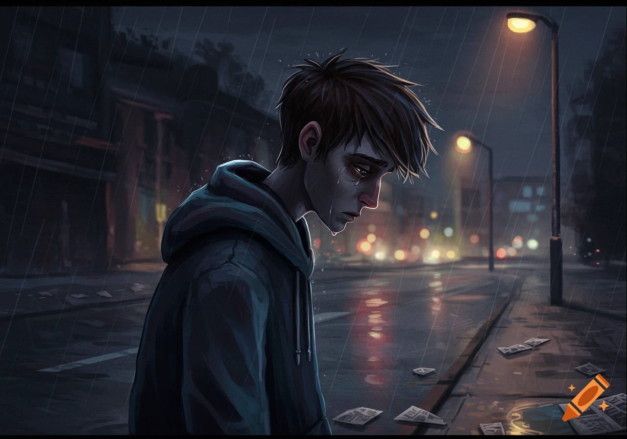 A man in a dark coat walks alone down a wet street in the rain at night ...