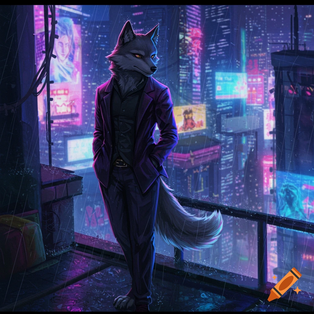 A furry character, a wolf demon, crouches and looks at a phone while ...