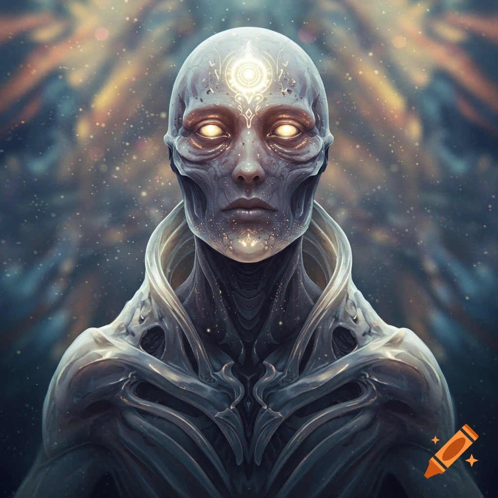 A detailed portrait of a mystical alien creature with glowing eyes and ...