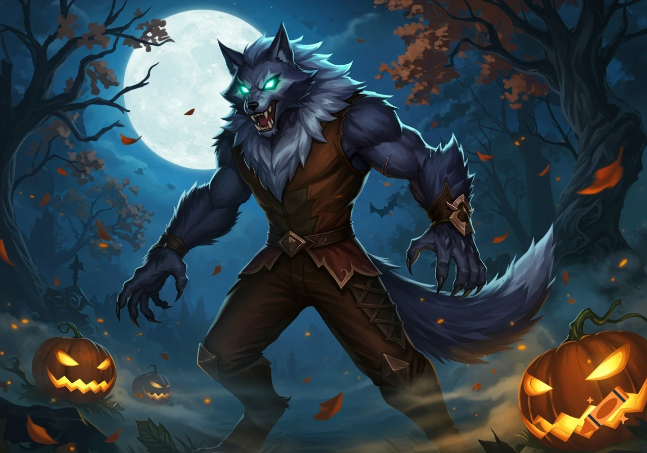 A stylized werewolf with glowing green eyes and fangs stands under a ...