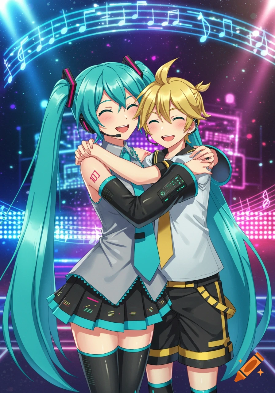 Hatsune Miku and Kagamine Len hug cheerfully on a stage with glowing ...