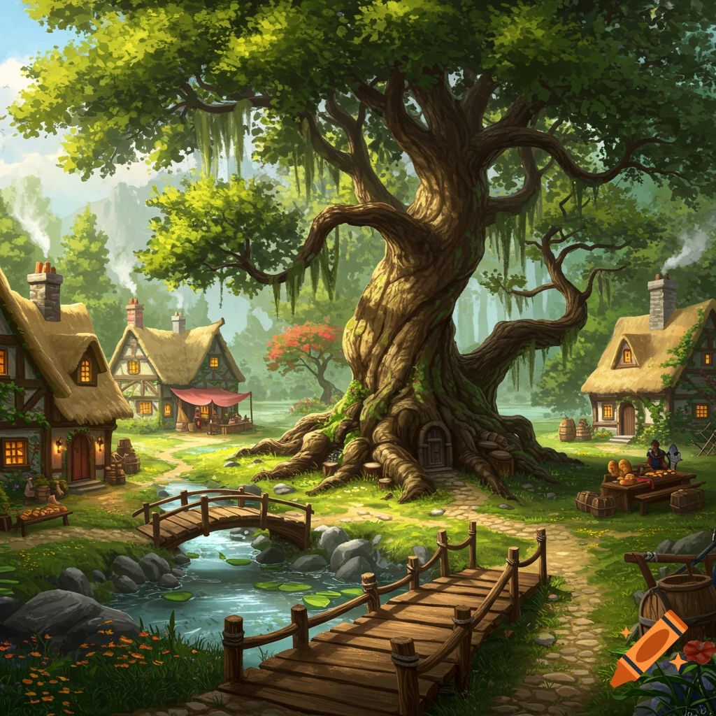 A top-down, hand-painted view of a vibrant fantasy town with a blue ...