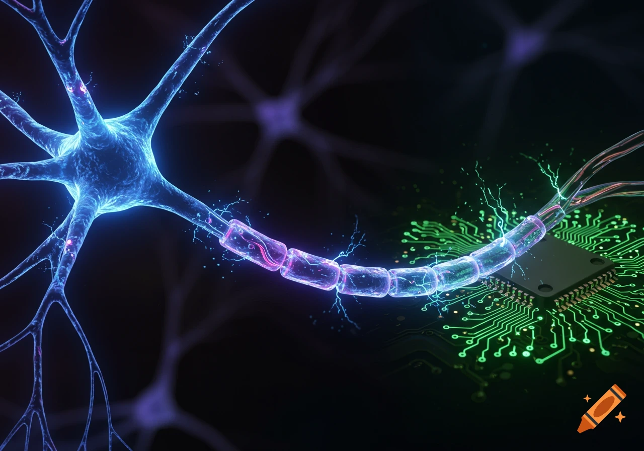 A glowing blue neuron seamlessly morphs into an electrical cable with ...