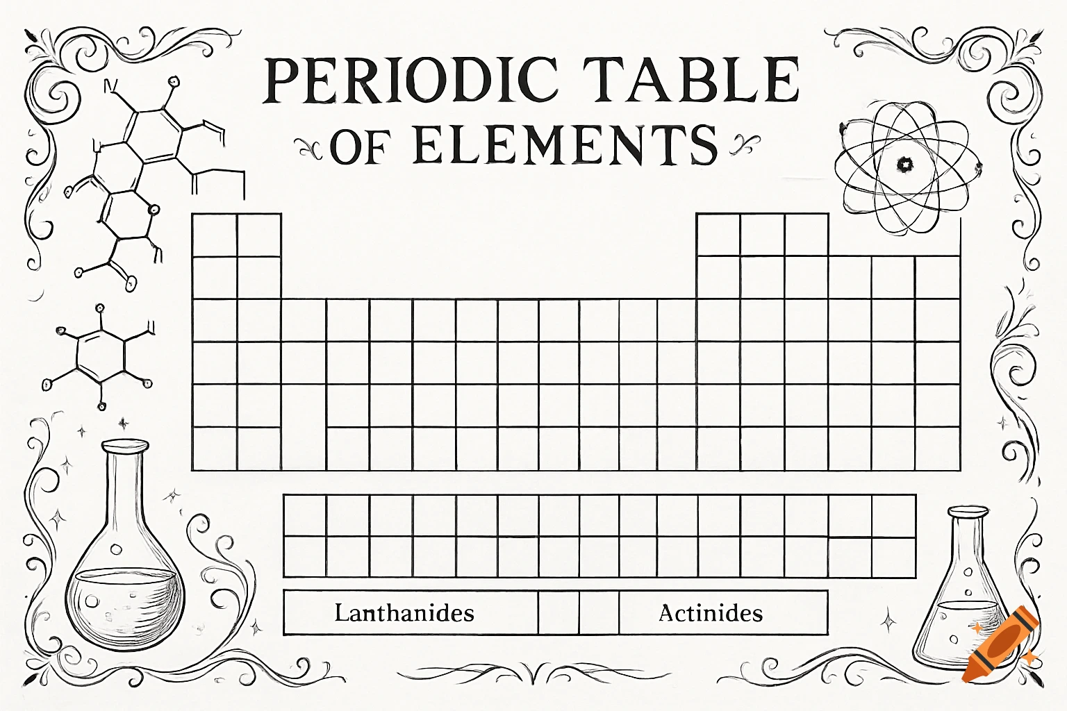 Black and white illustration of a blank periodic table with molecular ...