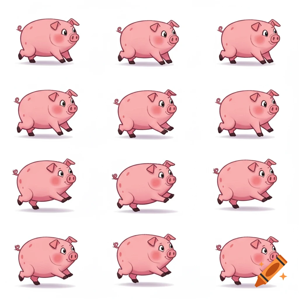A 3x3 grid of nine cartoon pink pigs, each running to the left with a ...