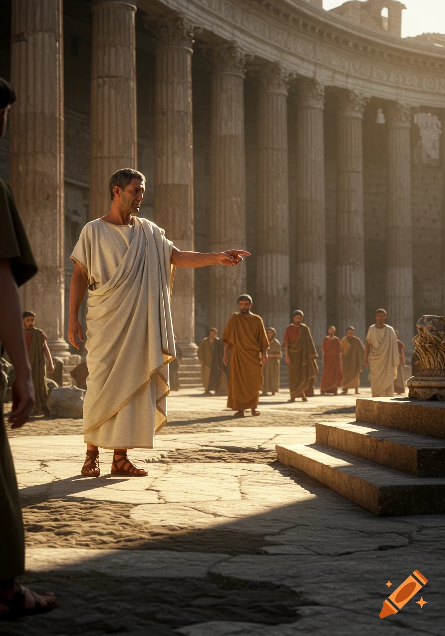 A photorealistic image of a Roman orator in a white toga pointing while ...