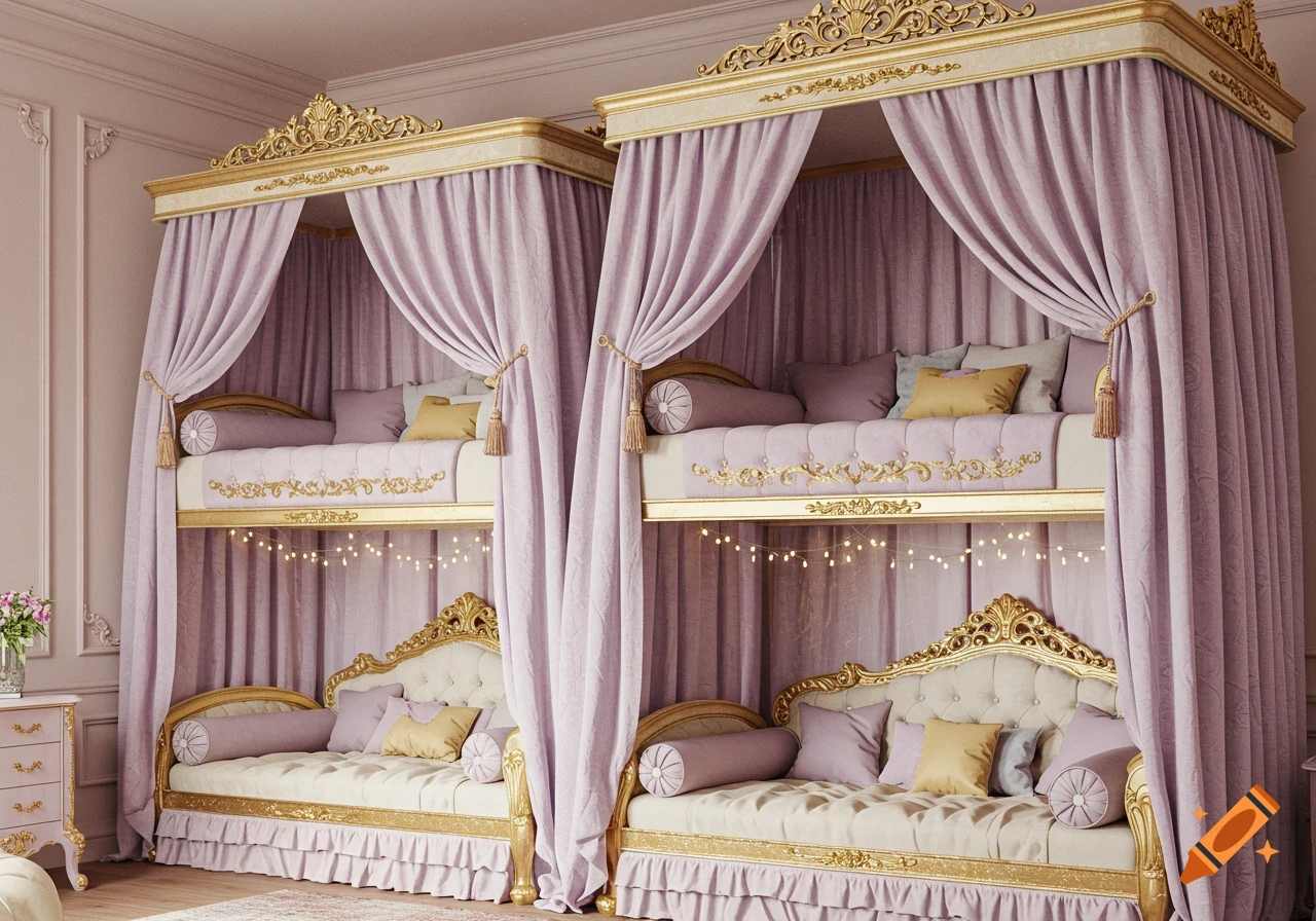 Two elaborate bunk beds with purple canopies and gold ornate details in a luxurious, elegant ...