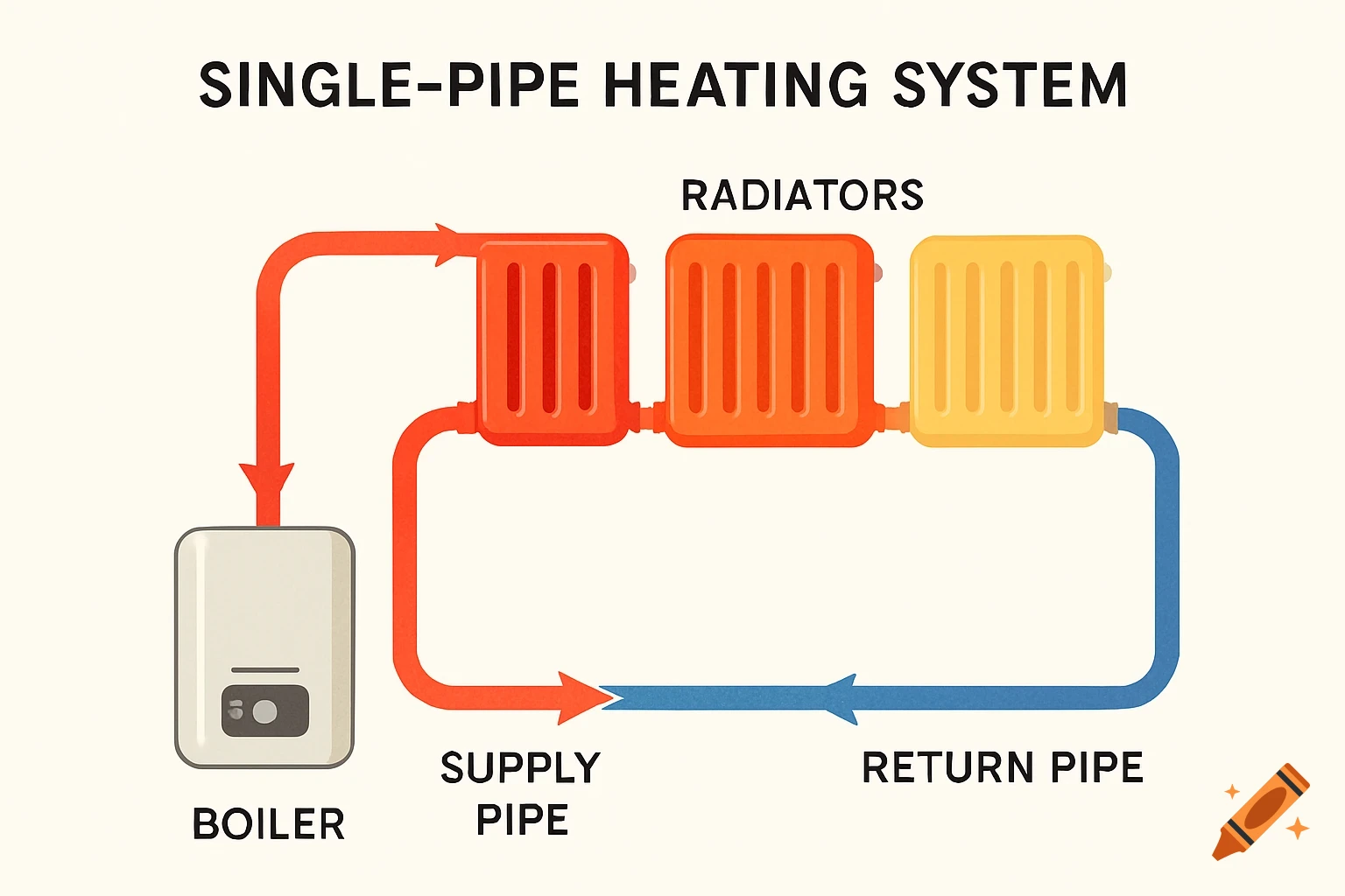 A clear diagram of a single-pipe heating system showing a boiler ...