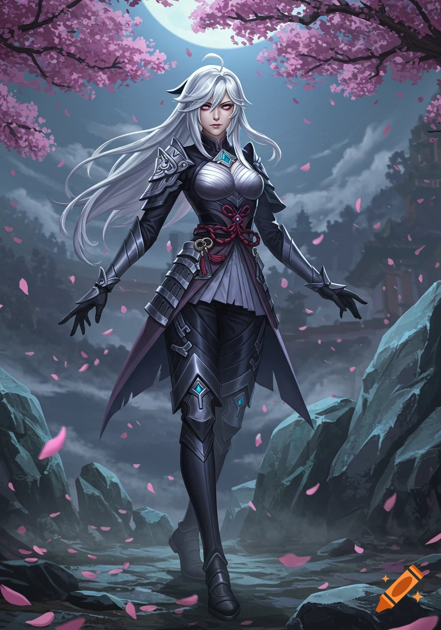 Anime character with long white hair in dark and silver armor, standing ...