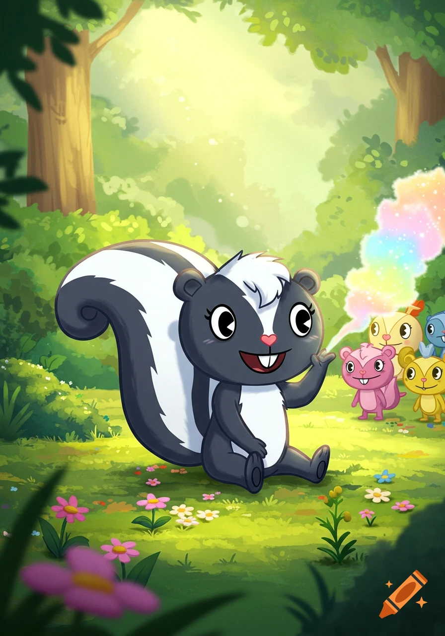 Petunia the skunk sits in a vibrant forest, creating a rainbow cloud as ...