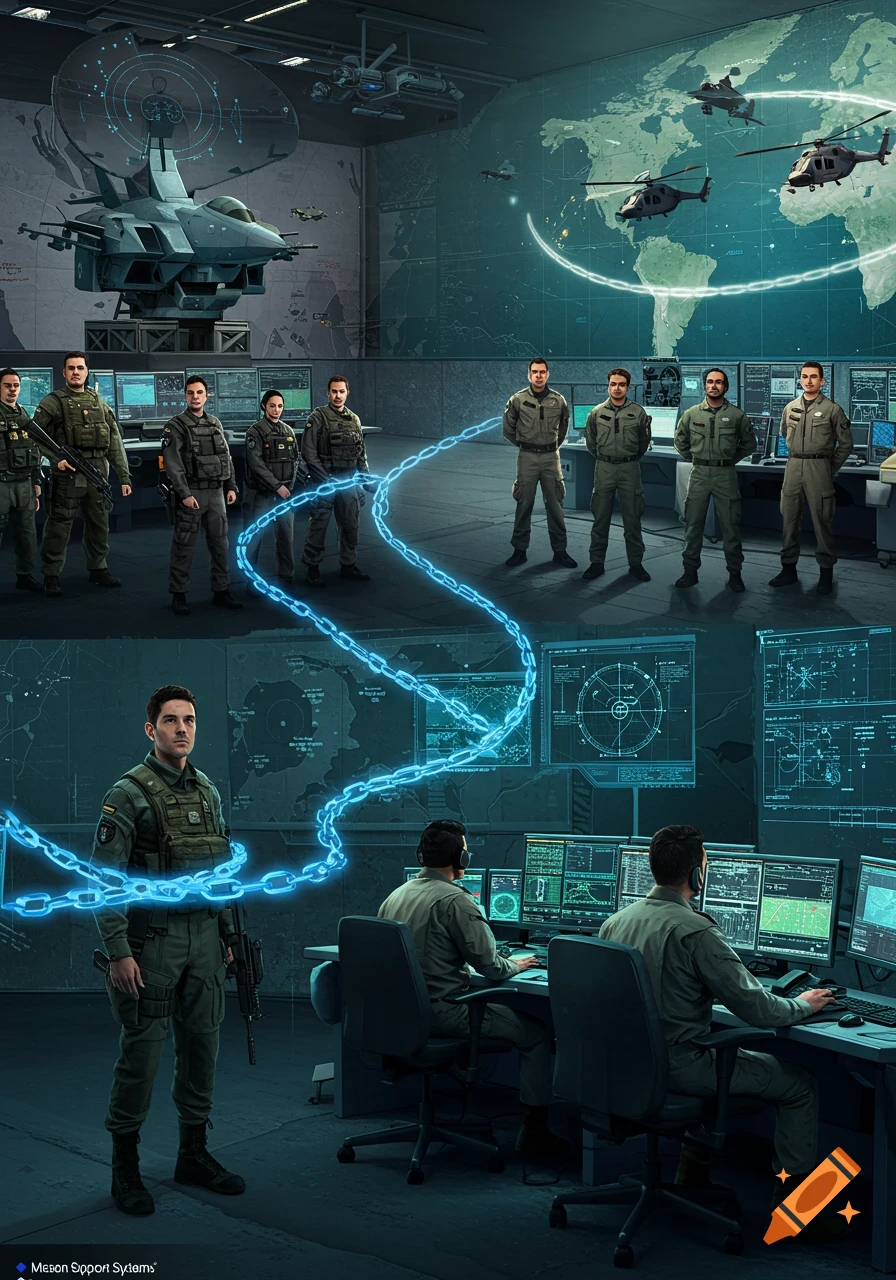 A detailed digital illustration of military personnel in a futuristic ...