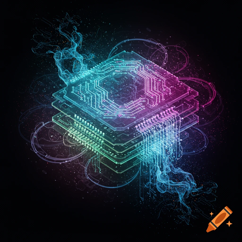 Flat vector illustration of a stylized computer motherboard in muted ...