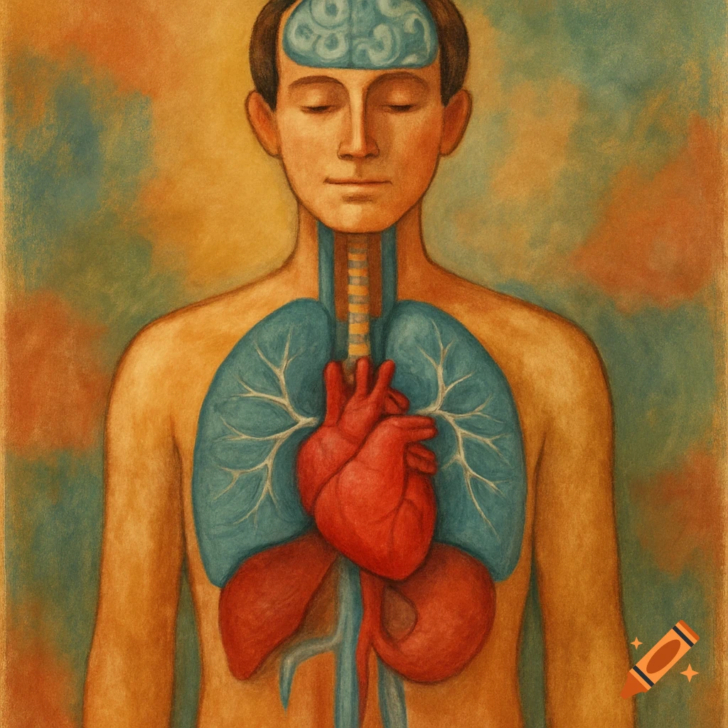 Painterly illustration of a human torso with visible heart, lungs, and ...