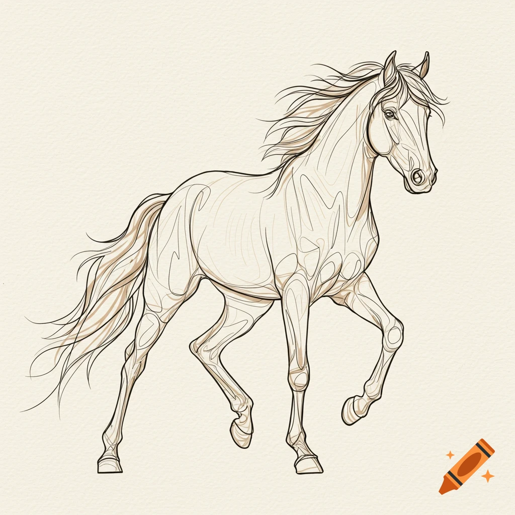 A minimalistic, free-flowing line drawing of a horse in motion on a ...