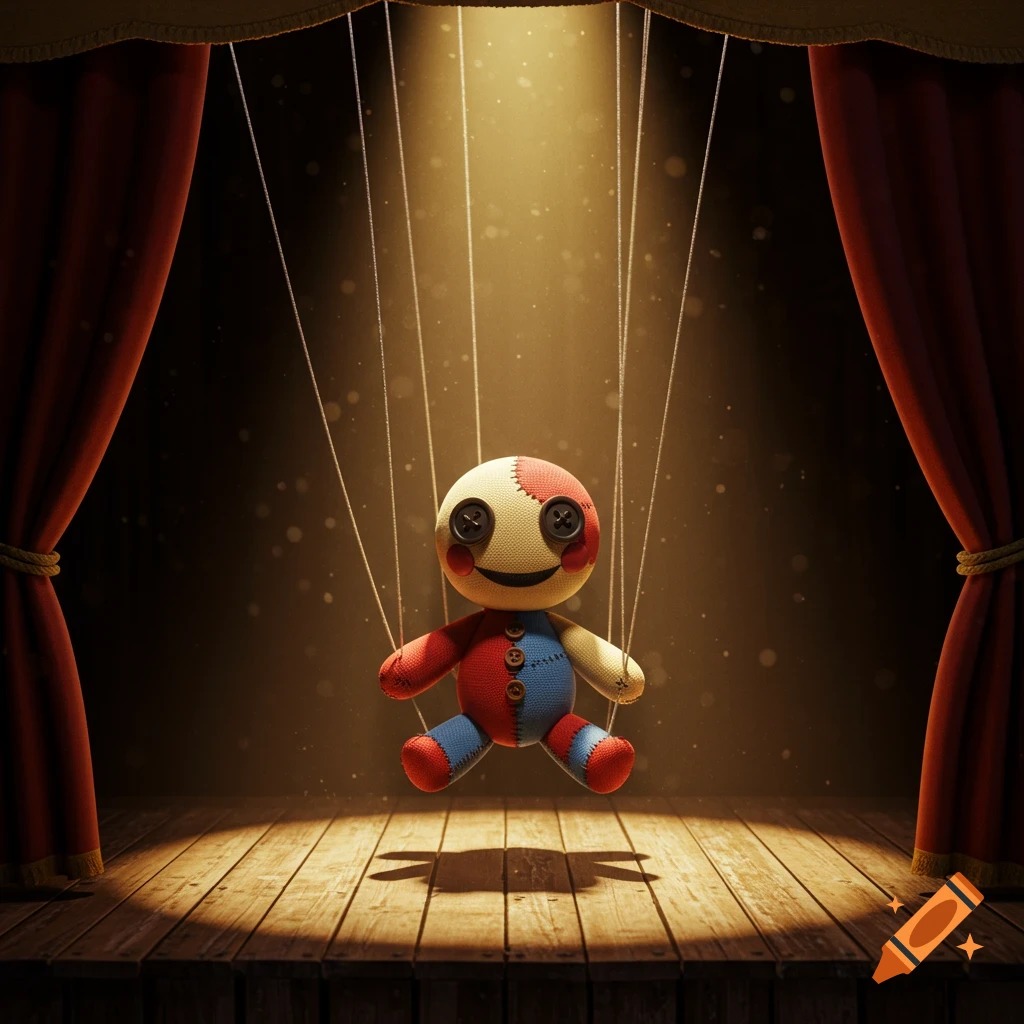 A colorful puppet with strings dances on a wooden stage, illuminated by ...