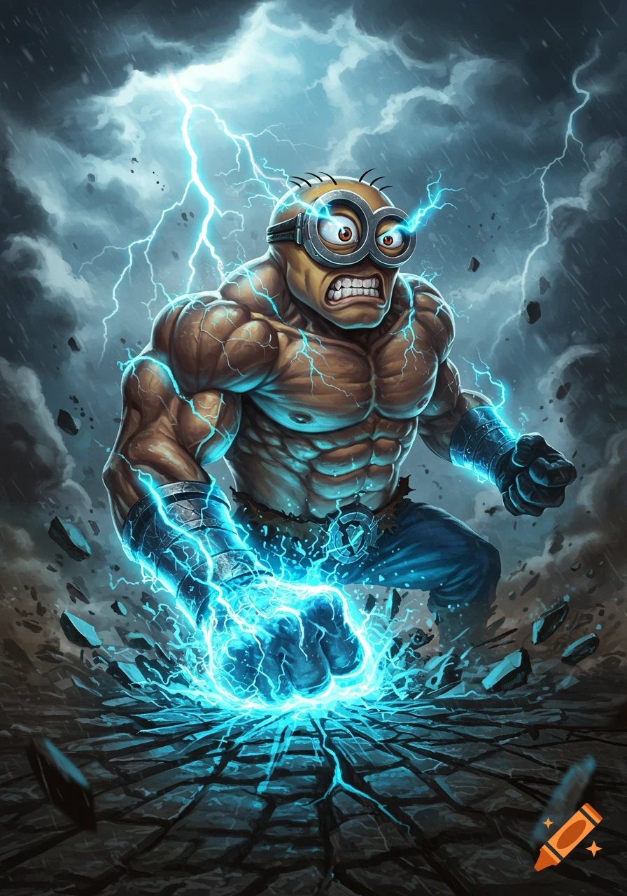 A muscular, angry Minion-like creature smashes the ground, surrounded ...