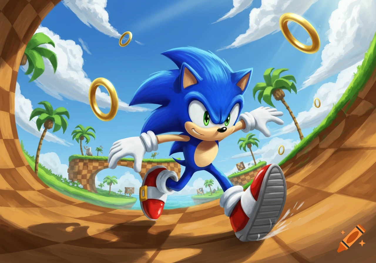 Sonic the Hedgehog runs through a vibrant Green Hill Zone, featuring ...