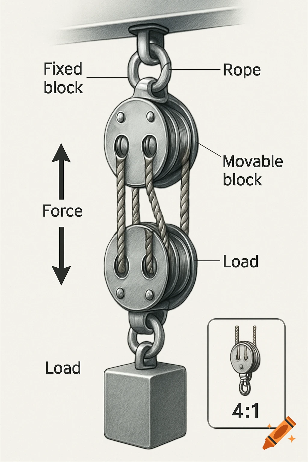 Labeled diagram of a double pulley system showing fixed and movable ...