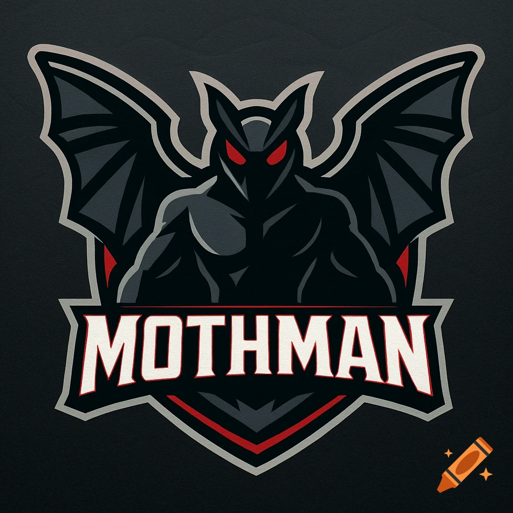 A dark gray and red sports logo featuring a stylized Mothman figure ...