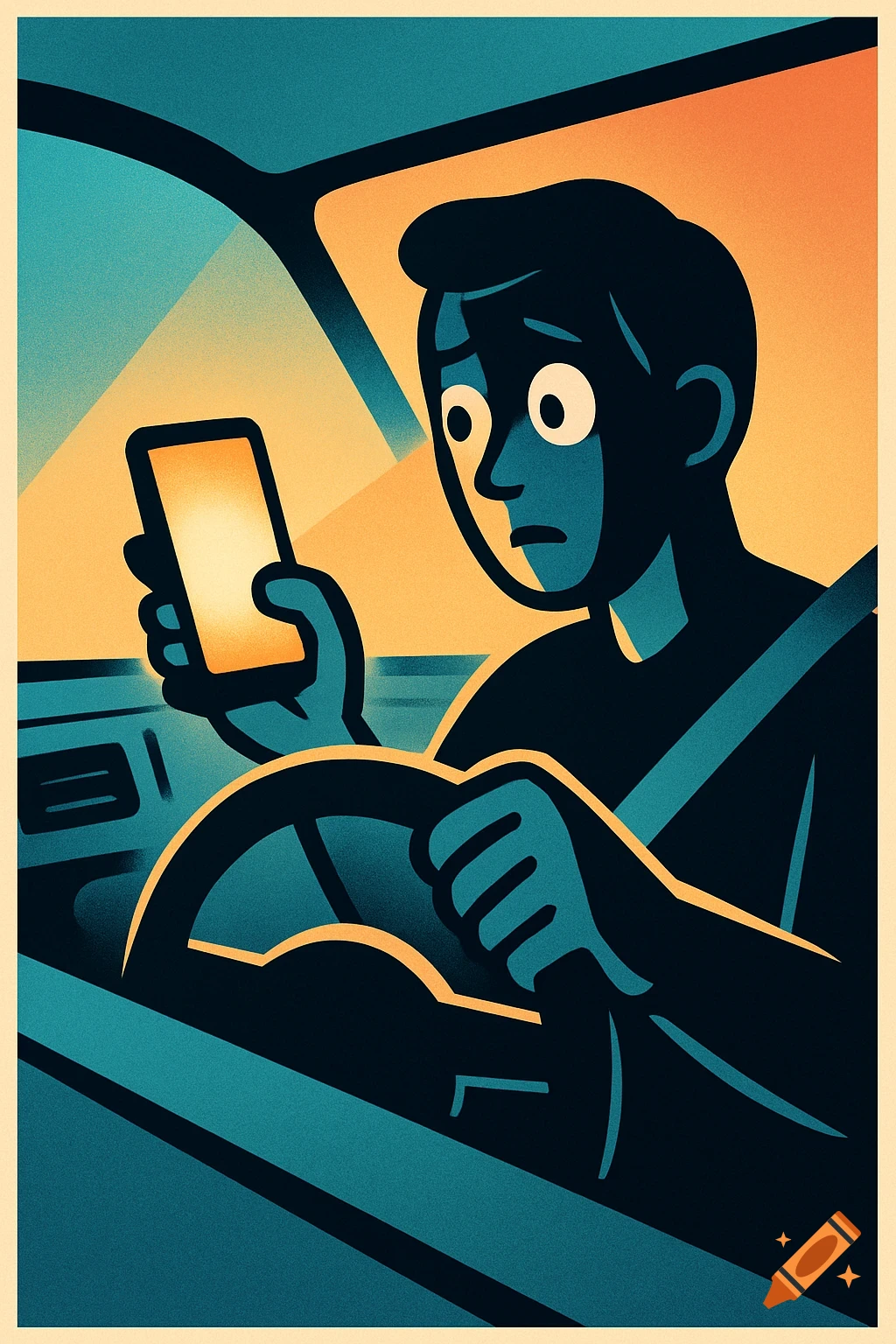 A graphic illustration of a wide-eyed driver distracted by a glowing ...
