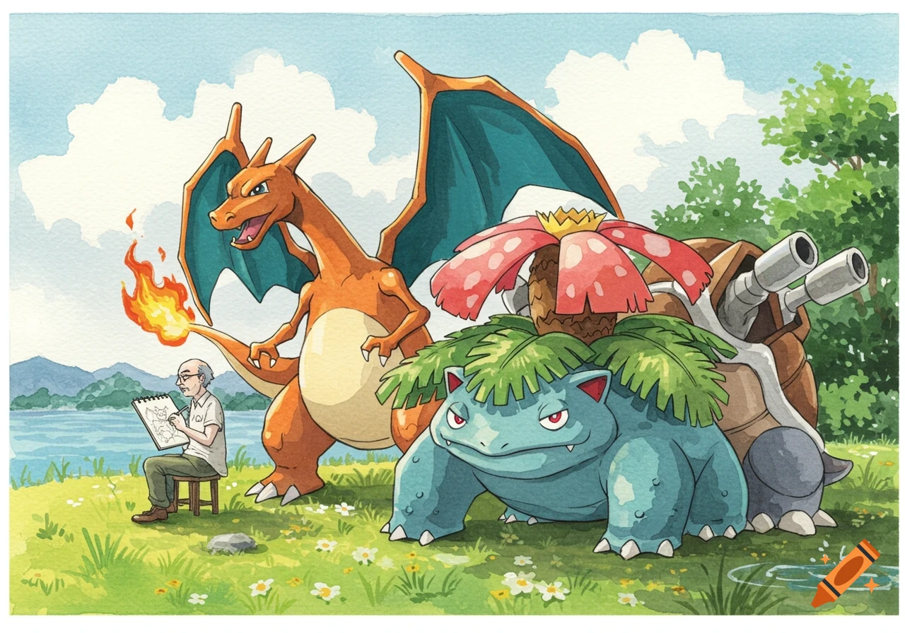 An old man sketches Charizard, Venusaur, and Blastoise in a lush green ...