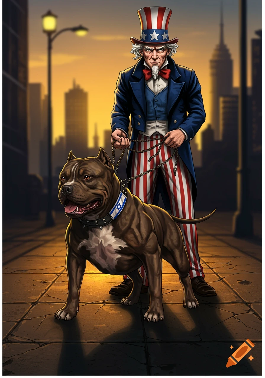 Cartoon Uncle Sam, dressed in patriotic attire, holds a leash on a ...