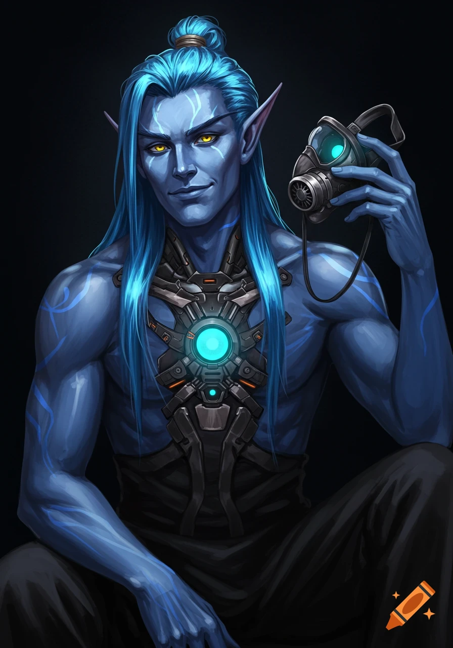 Digital painting of a blue-skinned male elf with long blue hair, yellow ...