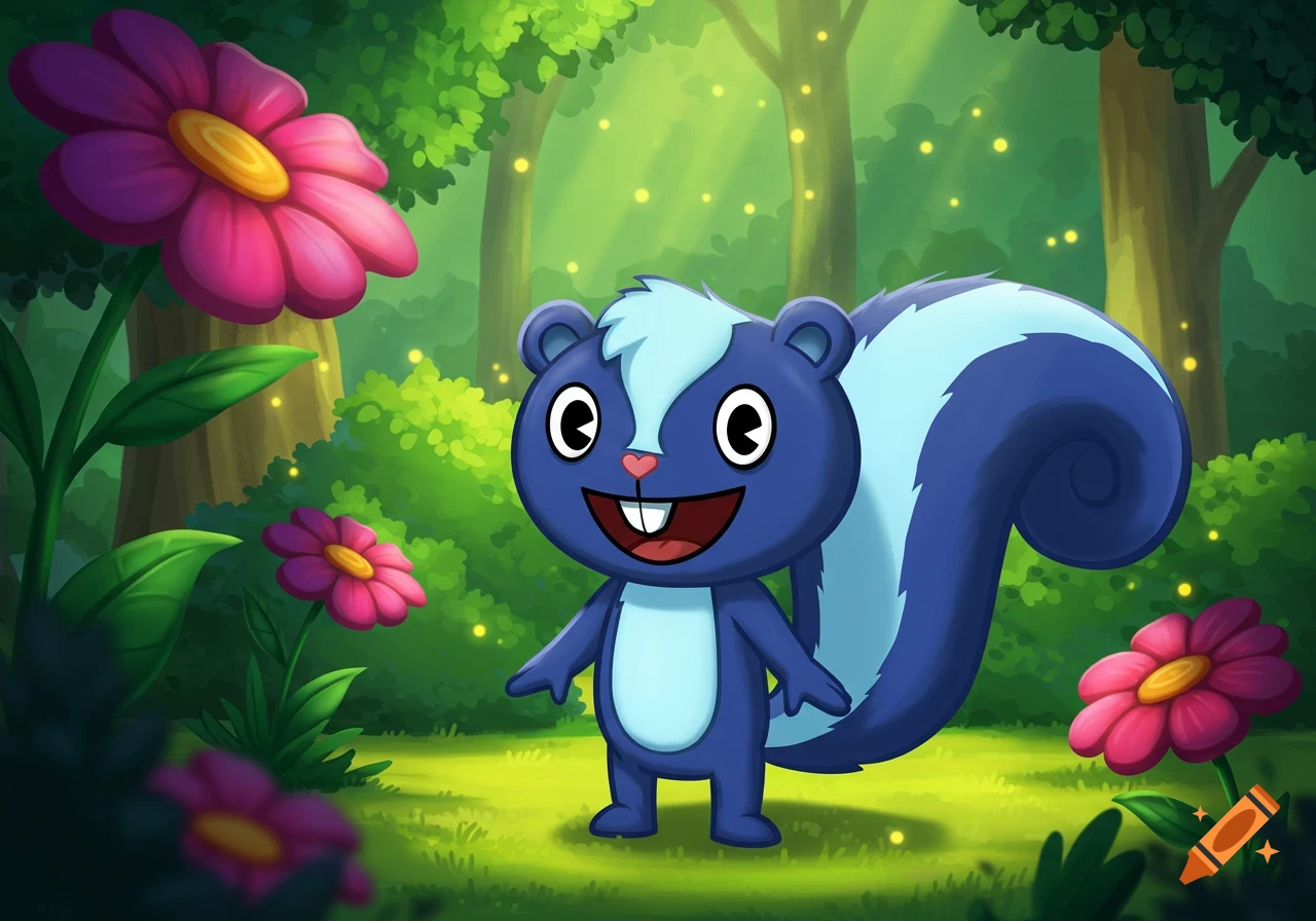 A cute blue and light blue cartoon skunk with a pink heart nose stands ...